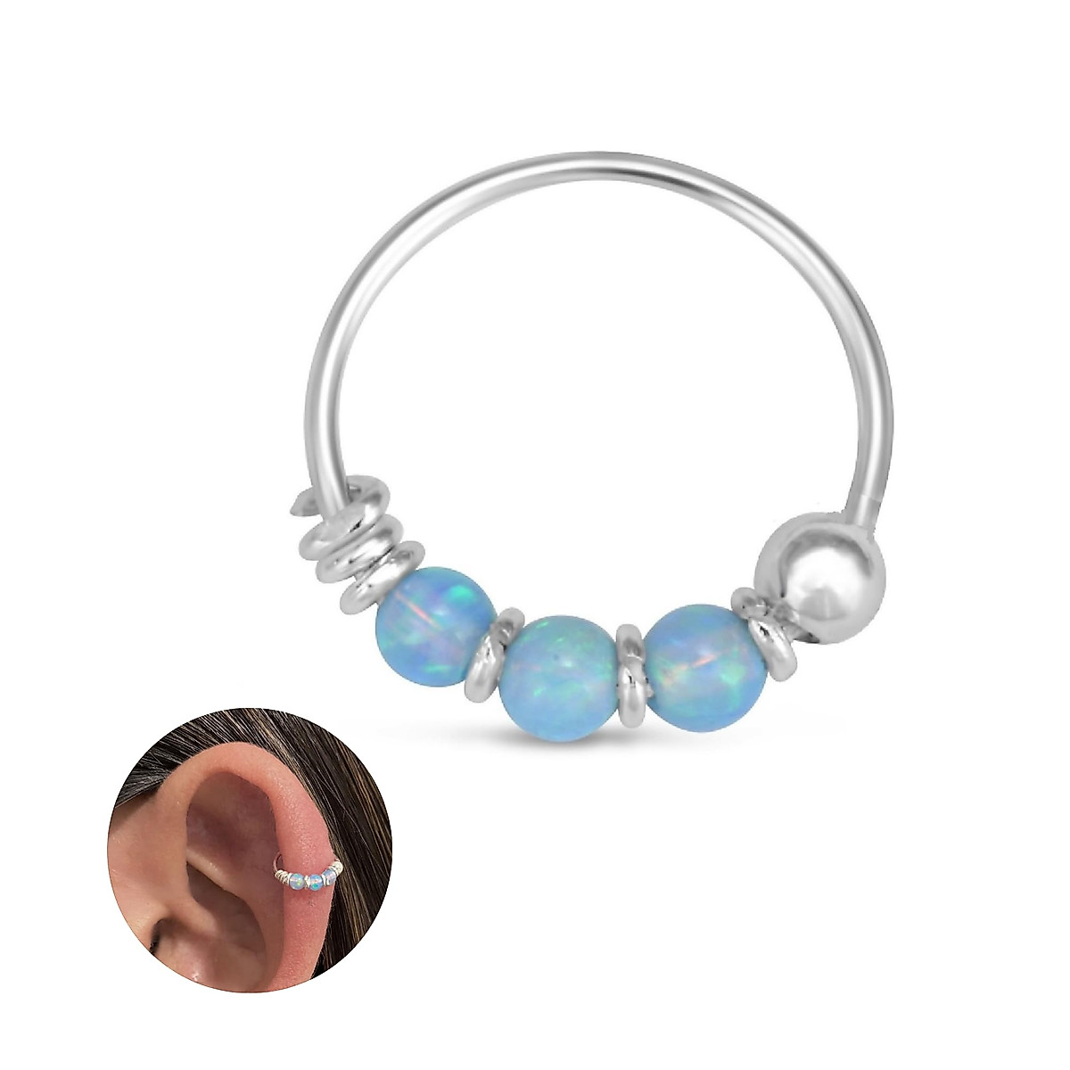 Handmade Silver Single 10MM Cartilgae Helix Piercing Hoop Earring with Trio Blue Opal, 925 Sterling Silver Very Small 10MM Thin 22Gauge Hoop for women, By Miya Jewelry