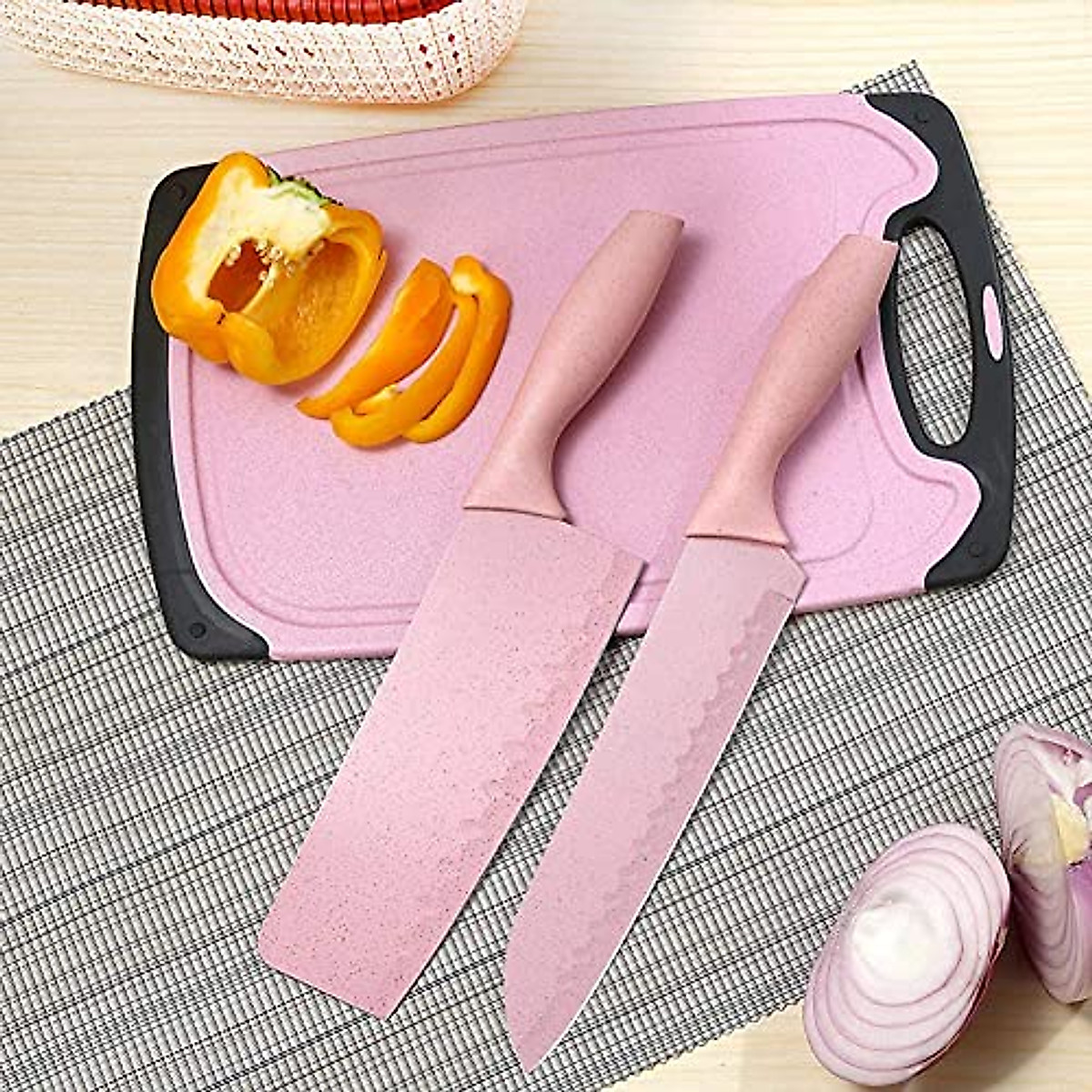 DT001 7 Pieces of Kitchen Knives Set - Non-stick Stainless Steel Kitchen Knives Set with 1 Scissor & 1 Peeler Stand and Chopping Board with Gift Box(Pink)