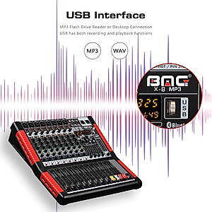 BOMGE X-8 Professional 8 Channel Audio Mixer Sound Board Mixing Console 8 Mic/Line Input Interface USB/MP3/Bluetooth Input 48V Phantom Power 24 FX DSP For PC, Studio Recording, Live Performance