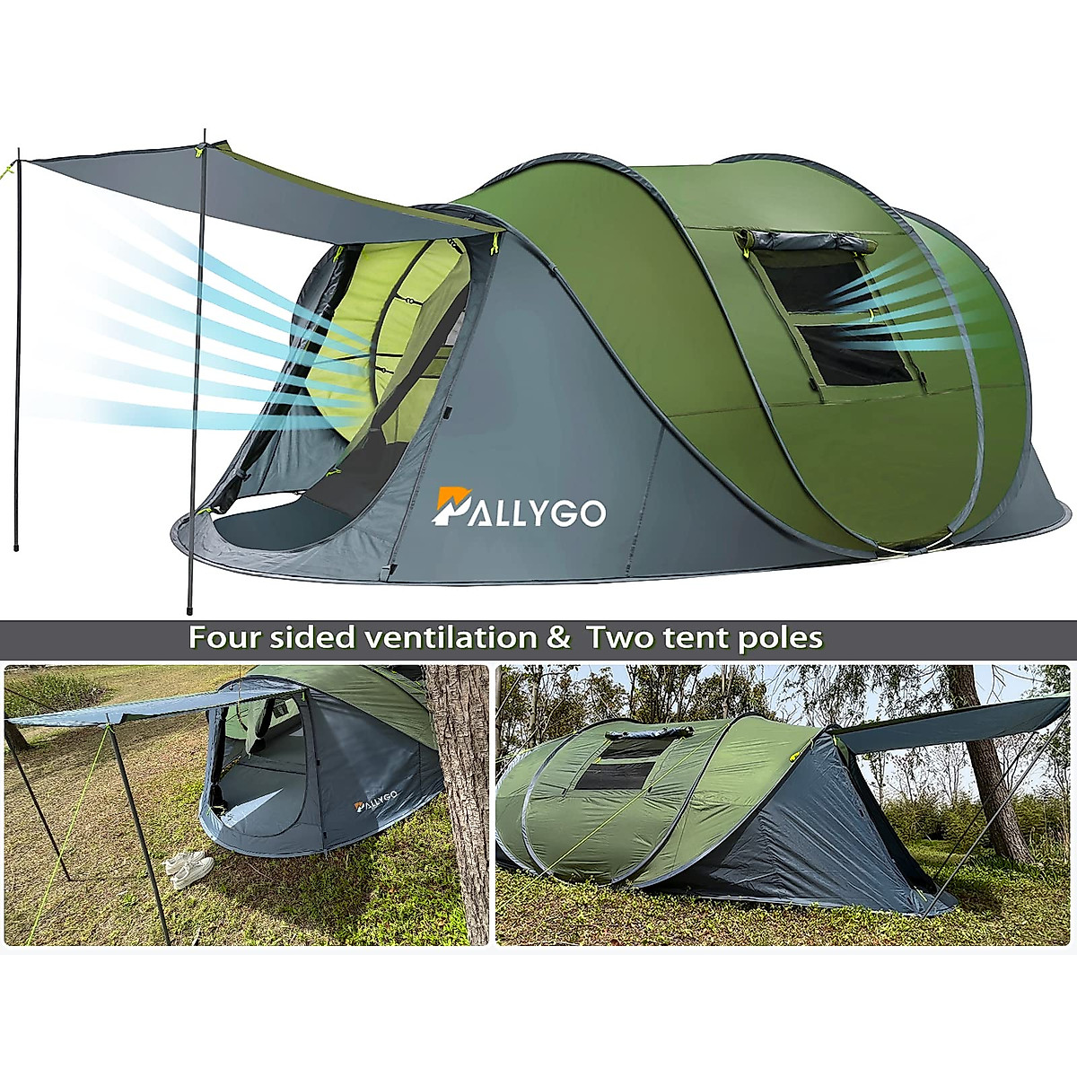 PALLYGO Easy Pop Up Tent 6 Person Tents for Camping Traveling Double Layer Waterproof Instant Family Camping Tents People Man Popup Tent Space for 2/3/4/5/6