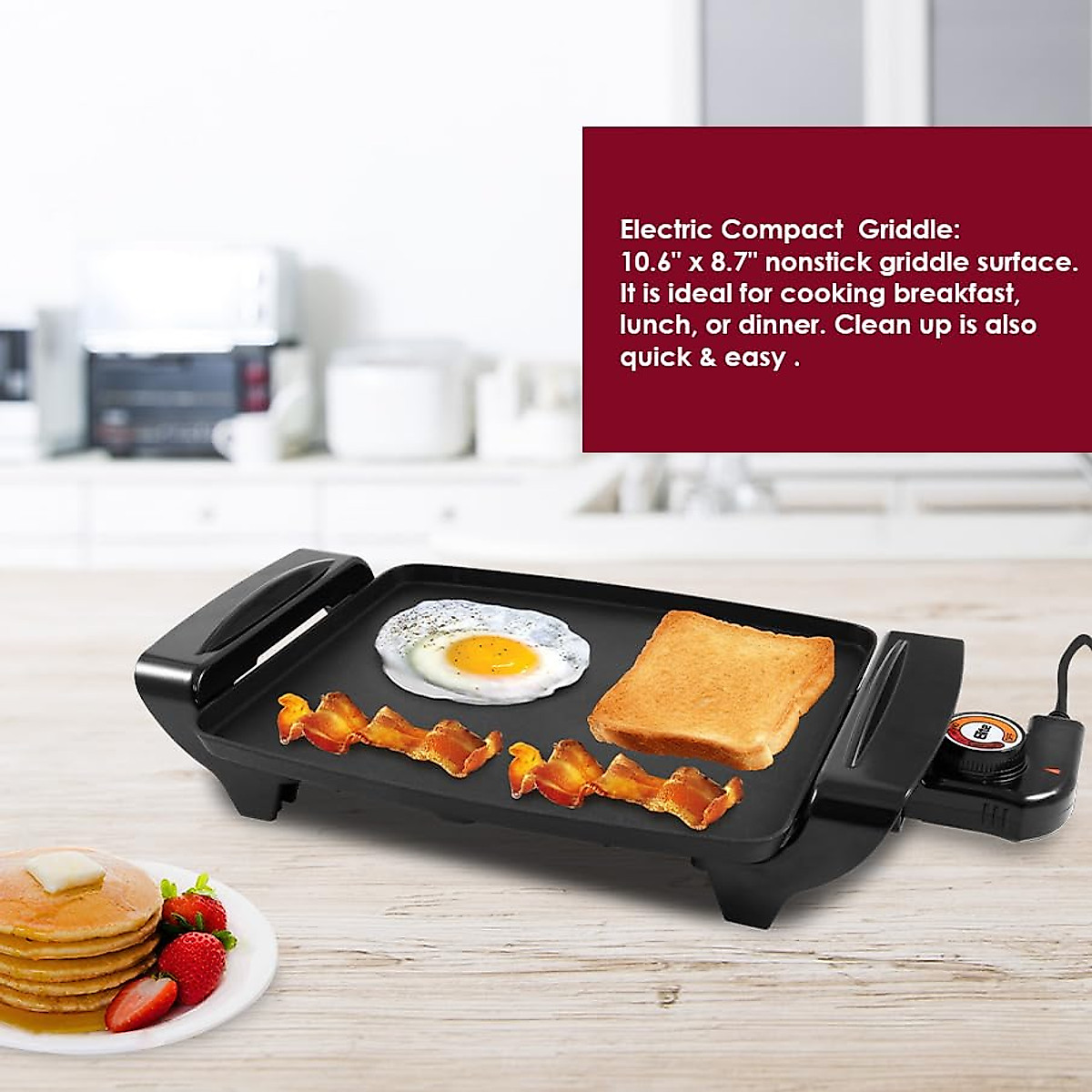 Elite Gourmet EGR-2722B Electric 10.5" x 8.5" Griddle, Cool-touch Handles Non-Stick Surface, Removable/Adjustable Thermostat, Skid Free-Rubber Feet, Black