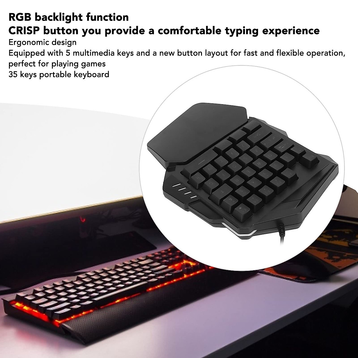 Acogedor One Handed Macro Mechanical Keyboard, 35 Keys Portable Mini Gaming Keyboard with RGB Backlight, 5 Multimedia Keys for Playing Games