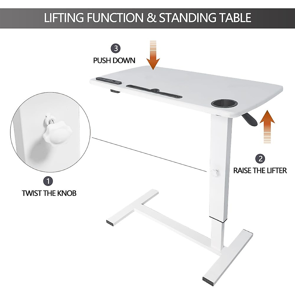 Over bed Table Pneumatic Adjustable Height Stand Desk with hidden Wheels USB Ports Pad slot Mobile Laptop Standing Desk Cart, Podium table (White, 32X16 inshes)
