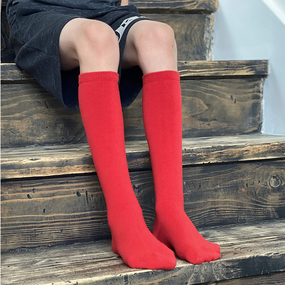 juDanzy 3 Pairs of Boys and Girls Solid Knee High Uniform Socks for School, Soccer, Football, AFO etc. (4-6 Years (Shoe Size 9C-1), Red)