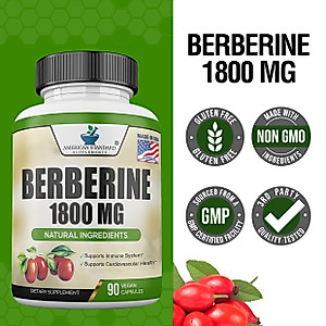 Berberine 1800mg Per Serving, Berberine Supplement, Berberine HCL, Berberine Pills, Berberine Capsules, Cardiovascular & Heart Health, Immune Support, 90 Veggie Capsules