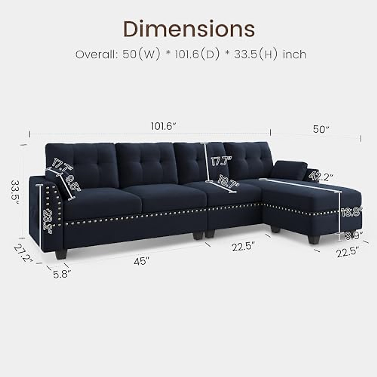 HONBAY Velvet Sectional Sofa L Shaped Couch Reversible Sectional Couch Sofa for Small Space,Dark Blue