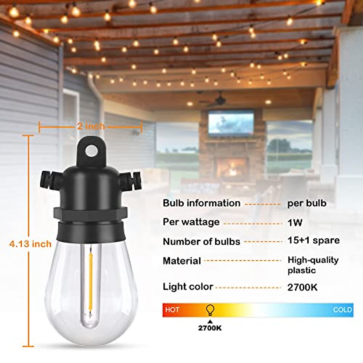 DGE Outdoor LED String Lights 48FT Patio Shatterproof & Waterproof IP65, 18 AWG UL Listed Wire Bright String Light for Patio, Backyard, Gazebo, Porch, Wedding Party