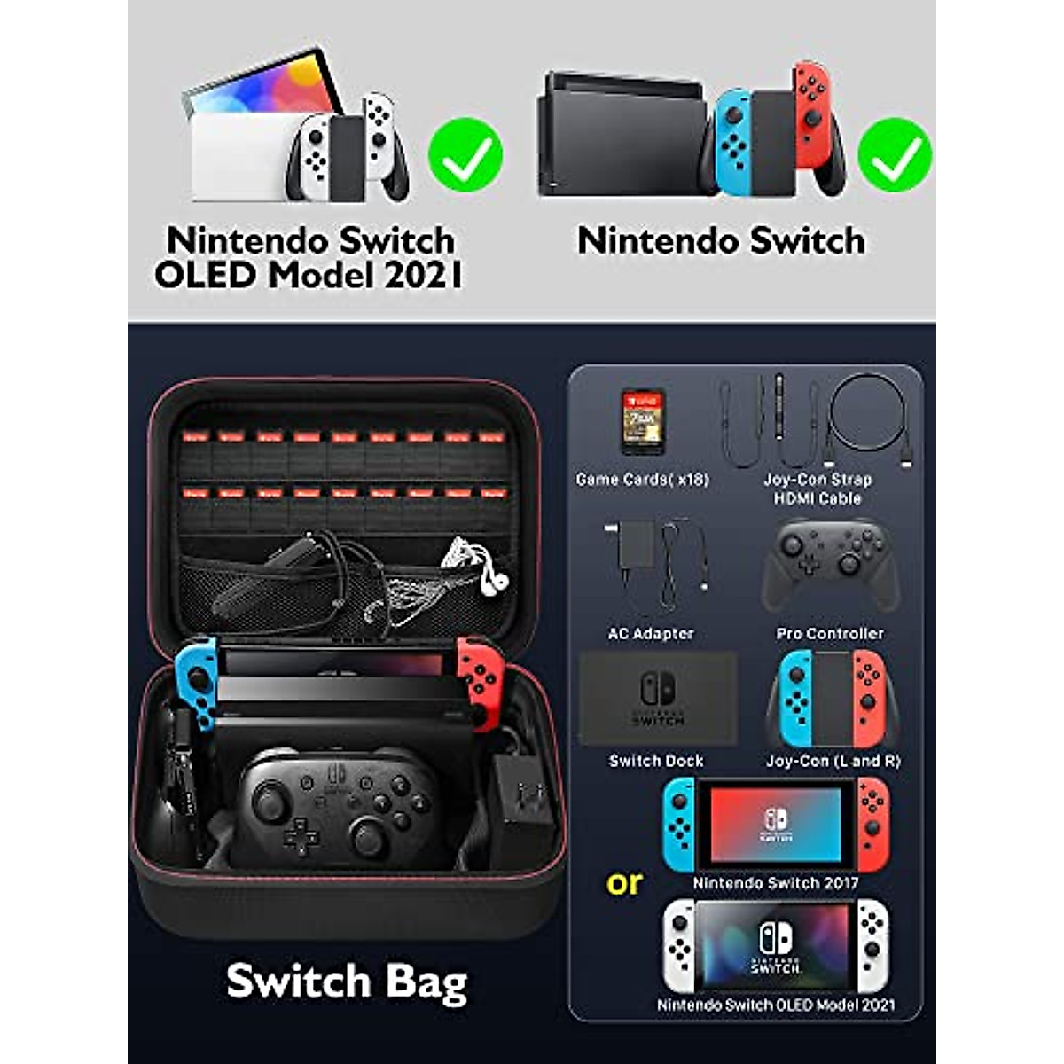 Switch Case for Nintendo Switch and Switch OLED Model, Portable Full Protection Carrying Travel Bag with 18 Game Cards Storage for Switch Console Pro Controller Accessories Black