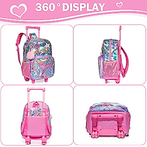Rolling Backpack for Gilrs School Wheels Backpacks with Lunch Box for Elementary Student Teen Girls Trip Luggage