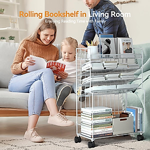 FIROK Rolling Bookcase with Wheels,Heavy Duty Mobile Bookshelf Storage Cart for Students, Metal Frame Book Shelf Organizer for Home,Office,Living Room - White