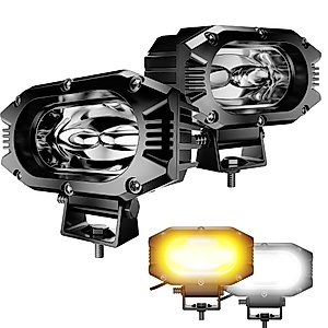 ASLONG 2PCS 4Inch LED Flood Single Row White/Amber Flasing Strobe Pods Work Lights Off Road Driving Fog Lights with Switch Wiring Harness for Truck, 4x4, SUV, ATV