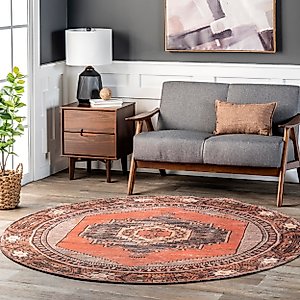 nuLOOM Kamila Tribal Machine Washable Area Rug, 6' Round, Orange