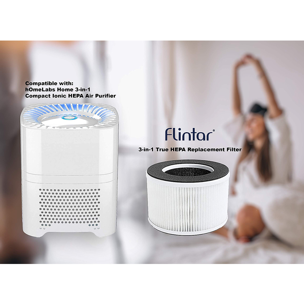 Flintar True HEPA Replacement Filter, Compatible with hOmeLabs Home 4-in-1 Compact HEPA Air Purifier HME020020N Only, AKJ050GE, 2-Pack