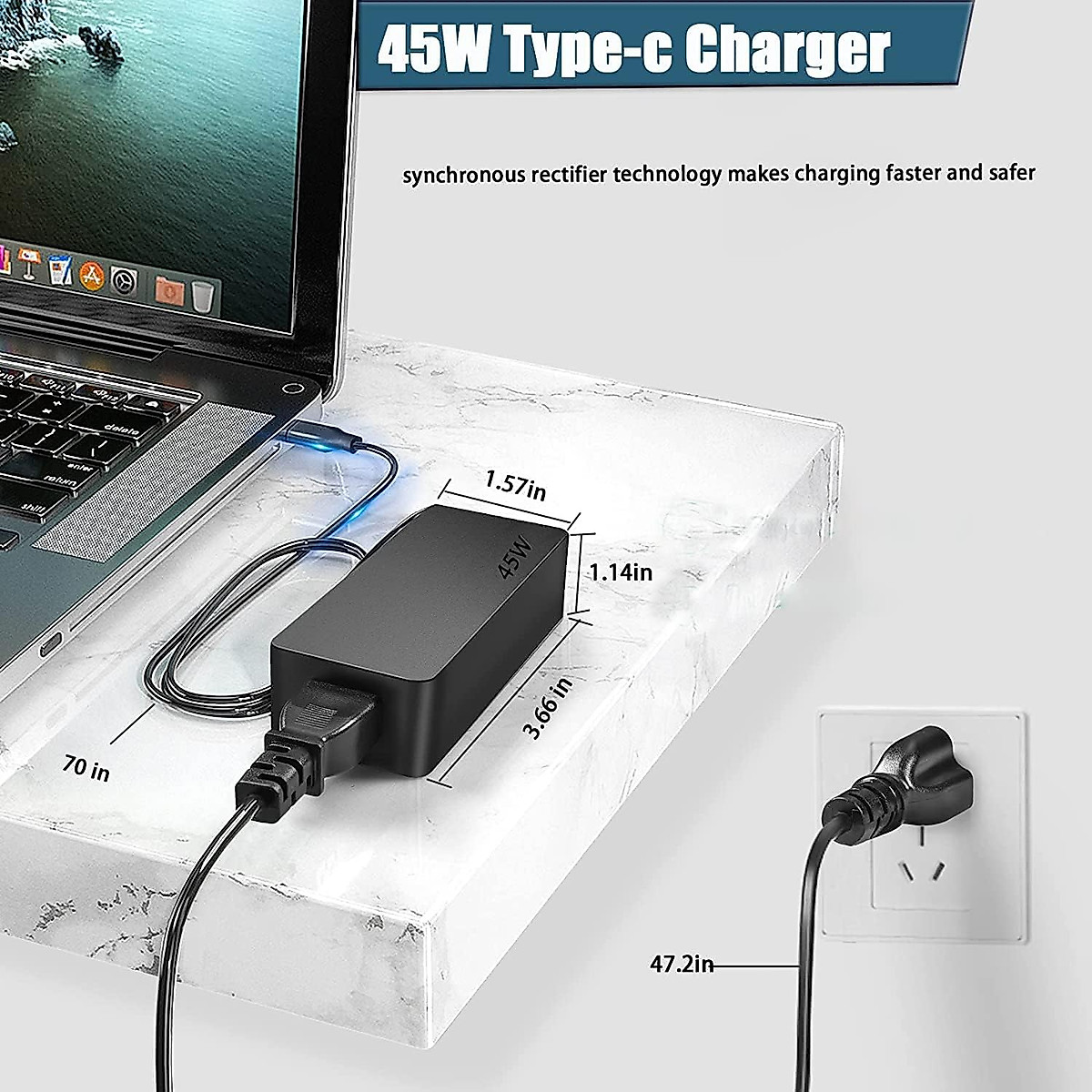 45W USB-C Laptop Charger for Chromebook Hp Dell Acer Asus Lenovo Samsung Laptop USB-C Adapter Power Cable More Device Type C Fast Charging