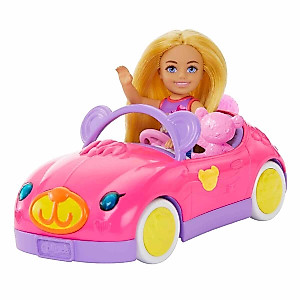 Barbie Chelsea Toy Car Set with Bear-Themed Convertible & Teddy Bear Accessory, Blonde Small Doll Wears Removable Skirt & Shoes