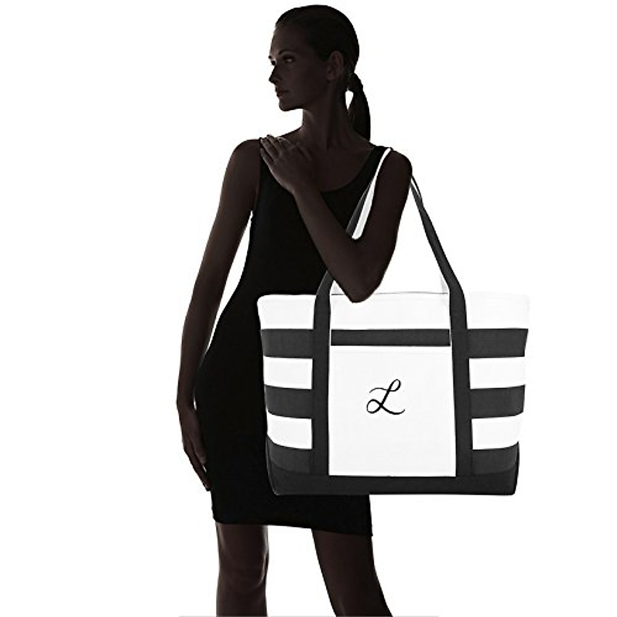 DALIX Striped Beach Bag Tote Bags Satchel Personalized Black Ballent Letter L