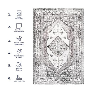 nuLOOM Gladys Machine Washable Vintage Medallion Ultra Thin Runner Rug, 2' 6" x 12', Light Grey