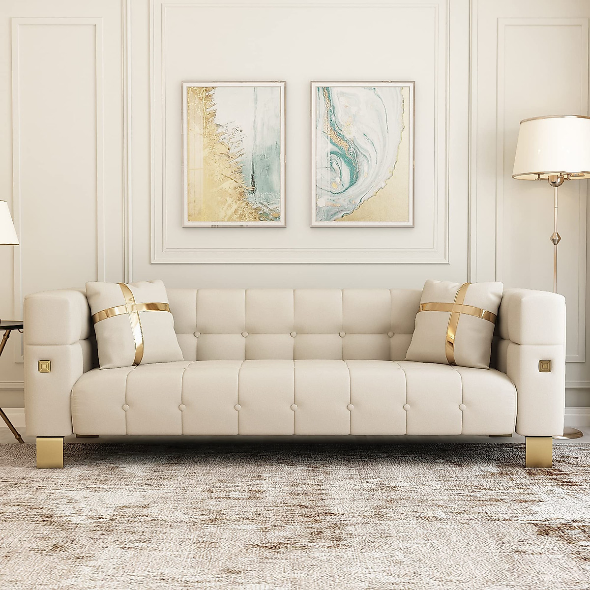 MoLiFaning 89" Modern Chesterfield Velvet Sofas Mid Century Modern Button Tufted Velvet Couches with 2 Pillows and Gold Legs,for Living Room Apartment Bedroom Office Beige