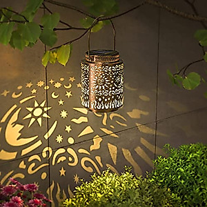 Gardencave 2 Pack Solar Lanterns Outdoor Hanging Solar Lights Decorative Waterproof Metal Sun Moon Star Solar Lantern for Patio Porch Yard Backyard Table Garden Decor (Gold, 2 Pack)