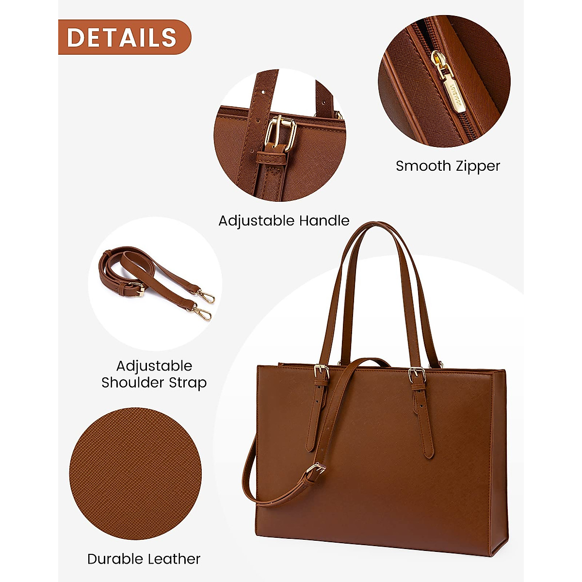 LOVEVOOK Laptop Bag for Women, 15.6 Inch Large Waterproof PU Leather Computer Tote Bag for Work Business Office Travel with USB Charging Port, Fashion Waterproof Shoulder Bag Handbag Purse, Brown