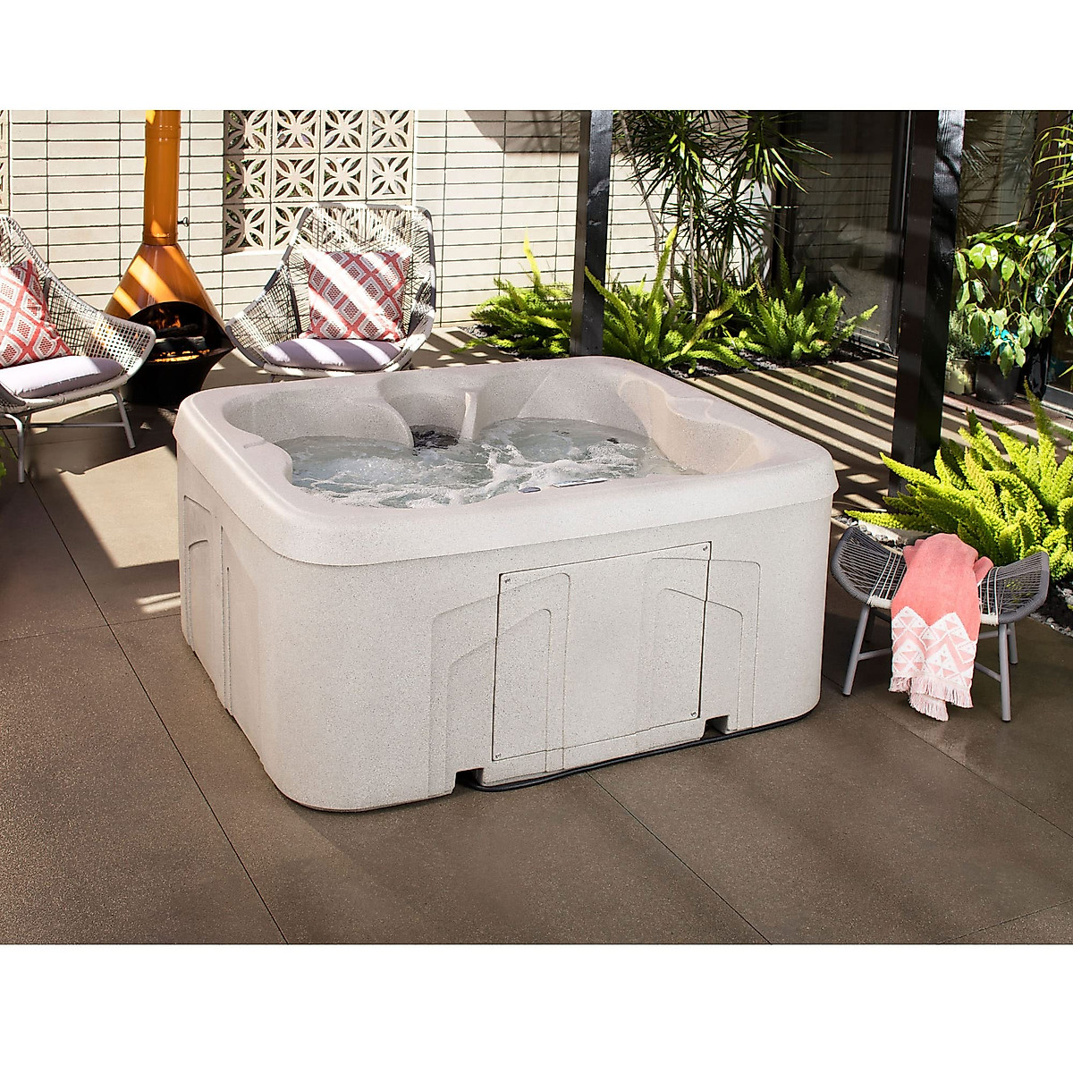 LifeSmart 4-Person Hot Tub, Outdoor Spa w/ Cover and LED Lights, Square, Beige