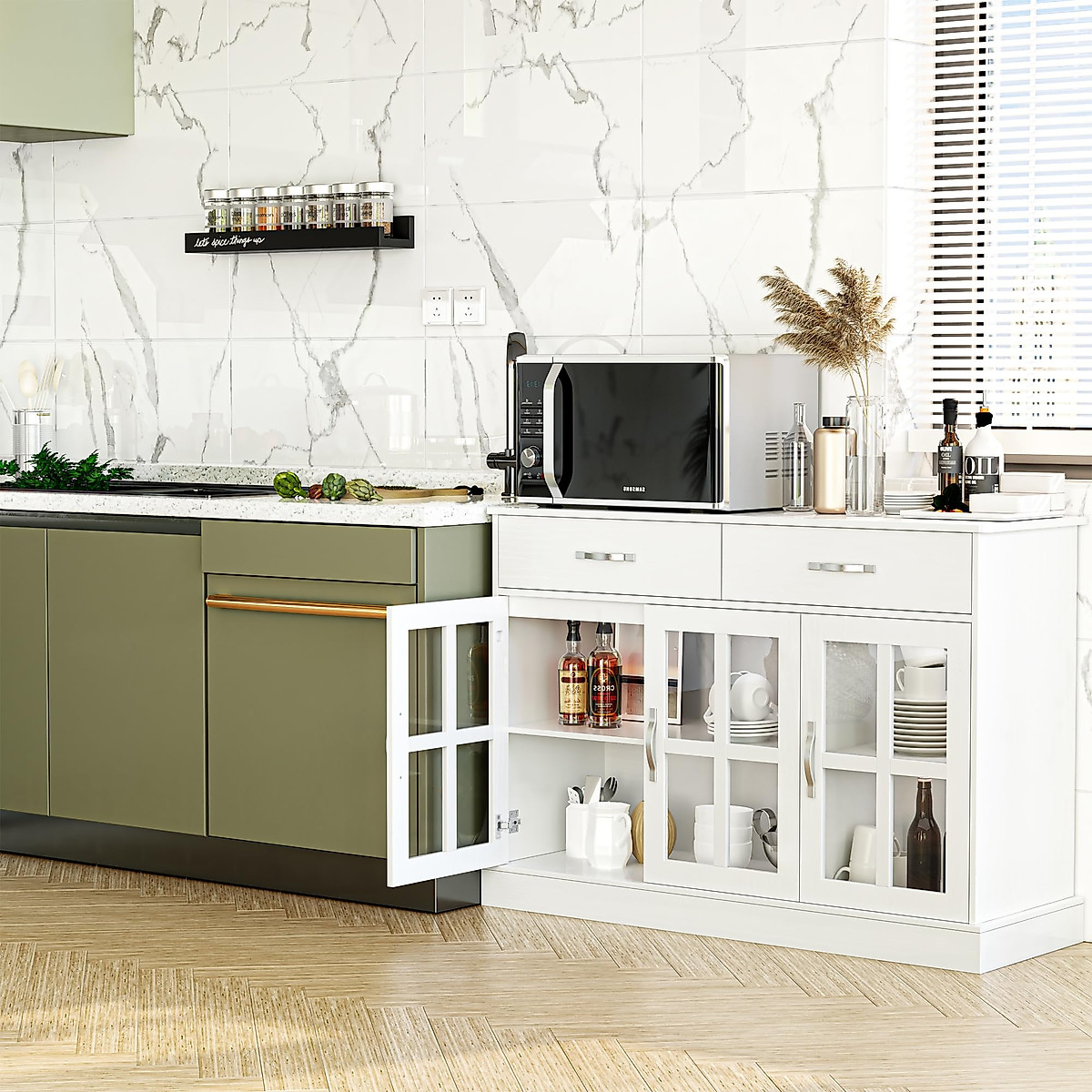 FOTOSOK Sideboard Buffet Cabinet with Glass Doors, Buffet Sideboard Kitchen Sideboard Cabinet Buffet Table with 2 Storage Drawers & Shelves for Dining Living Room, White