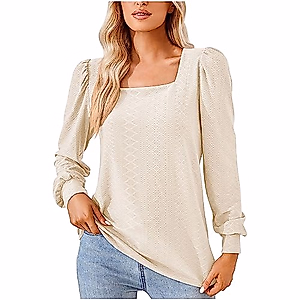 Prime Deals of The Day Today only Puff Long Sleeve Tops for Women Square Neck Solid Color Pleated T-Shirts Dressy Casual Basic Lightweight Tunics Beige M