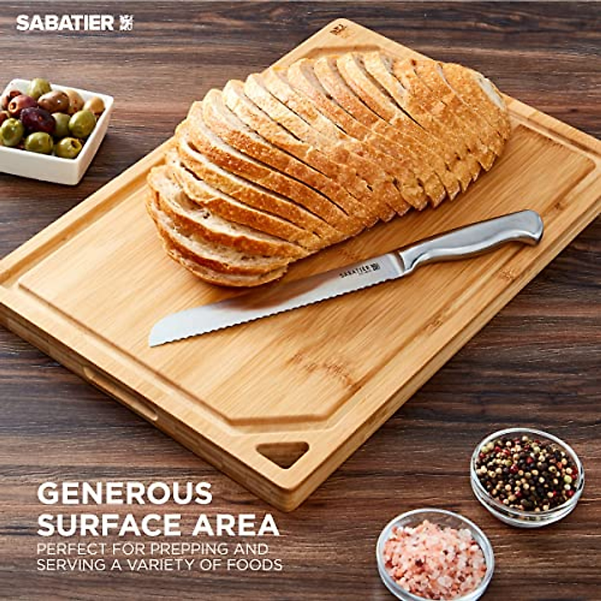 Sabatier Extra-Large Cutting Board with Juice Trench and Recessed Handles for Entertaining and Meal Prep, Reversible Kitchen Chopping Board, Bread Board with Built-In Grooves, 12x18 Inch, Bamboo