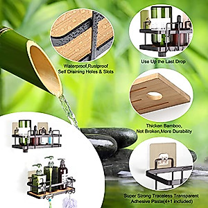 Keebofly Shower Caddy Bathroom Shower Organizer Shelf with Hooks,2 Pack,Shower Rack Self Adhesive Hanging,Rustproof Bamboo Basket,No Drilling Shower Storage Holder for Bathroom Shower Kitchen Black