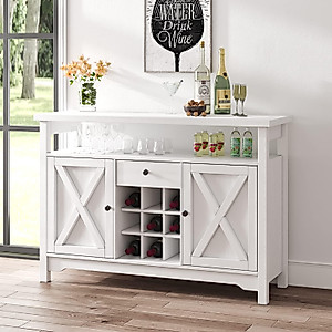 4ever2buy Farmhouse Coffee Bar Cabinet with Storage, White Coffee Bar with Drawer, Kitchen Buffet Cabinet with Barn Door, Wine Bar Cabinet with 9 Wine Racks for Dining, Living Room