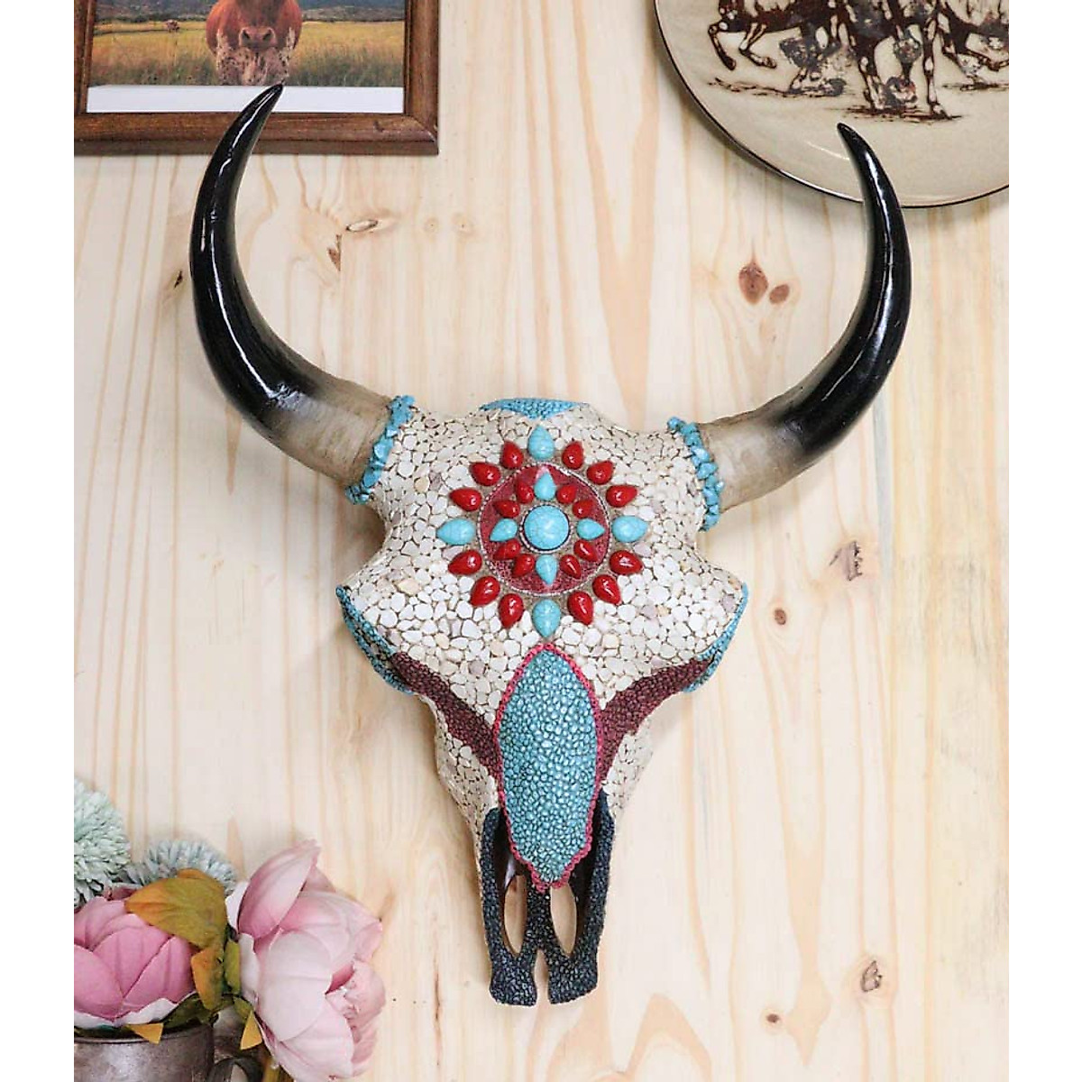 Ebros Gift 16.5" High Large Western Southwest Steer Bison Buffalo Bull Cow Skull Head with Mosaic Turquoise and Red Aztec Sun Teardrop Gems Design Wall Mount Decor Native Indian Accent Skulls