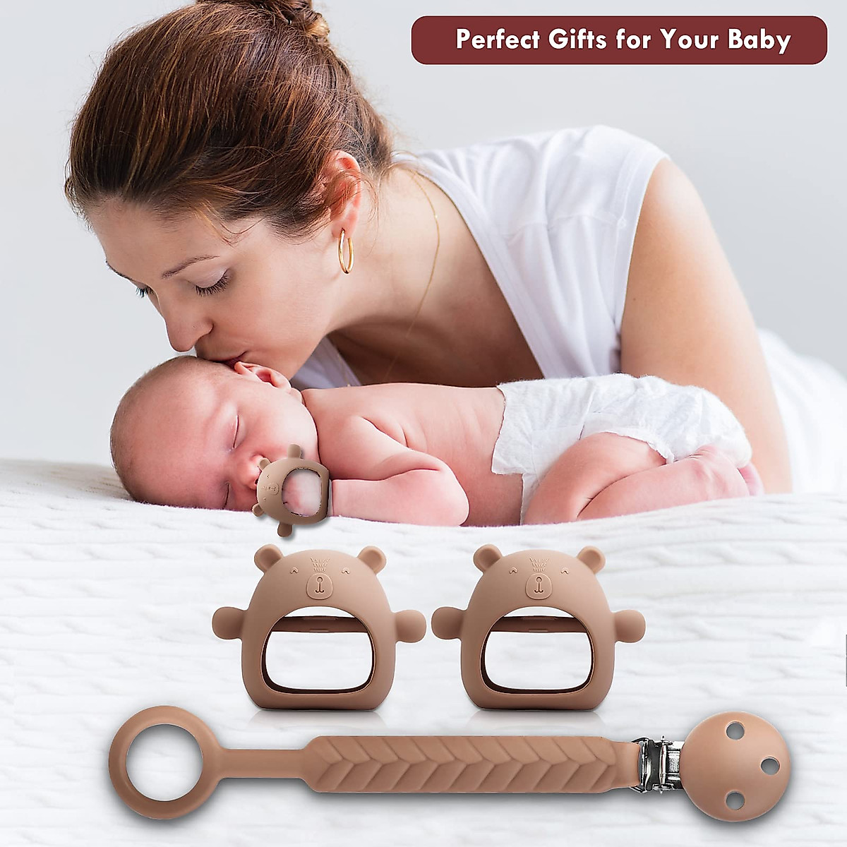 Baby Teether for 0-6 Months 2 Pack Never Drop Baby Teething Toys for 6-12 Months+1 Pack Pacifier Clip,Silicone Baby Chew Toys for Infant Sucking Needs,Baby Toys 3-6 Month Baby Mitten Teether（Brown）
