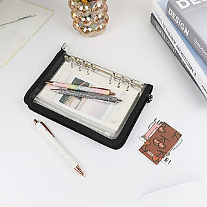 A6 Binder Cover Refillable 6 Ring Notebook Binder Clear Soft PVC Zipper Binders Folder for 6 Hole Filler Paper Personal File Organizer Planner(Black Zipper Closure)