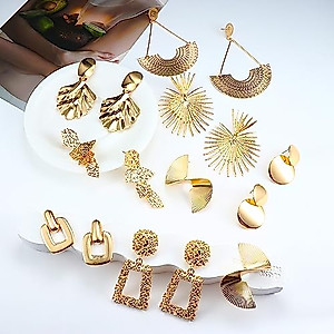 Thunaraz 8 Pairs Gold Statement Earrings for Women 14K Gold Plated Exaggerated Geometric Big Disc Drop Earrings Stylish Ginkgo Leaf Heart Dangle Earrings Jewelry Gifts Stylish Design