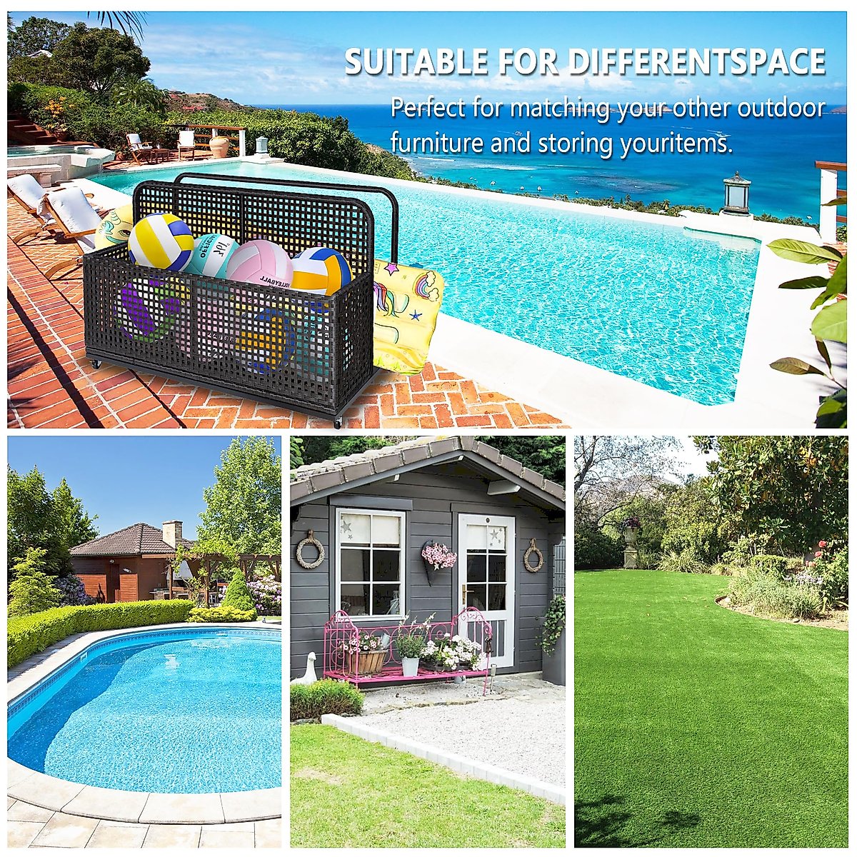 IDEALHOUSE Poolside Float Storage, Outdoor Storage, Patio Poolside Float Storage Basket, Storage Box, PE Rattan Outdoor Pool Caddy with Rolling Wheels for Floaties, Beach-Sturdy & Movable,Black-brown