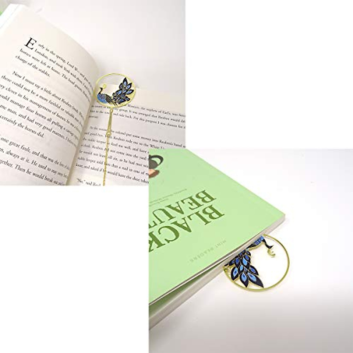 yueton Peacock Metal Bookmarks 24K Gold Plated Brass Page Marker with Metal Pendant