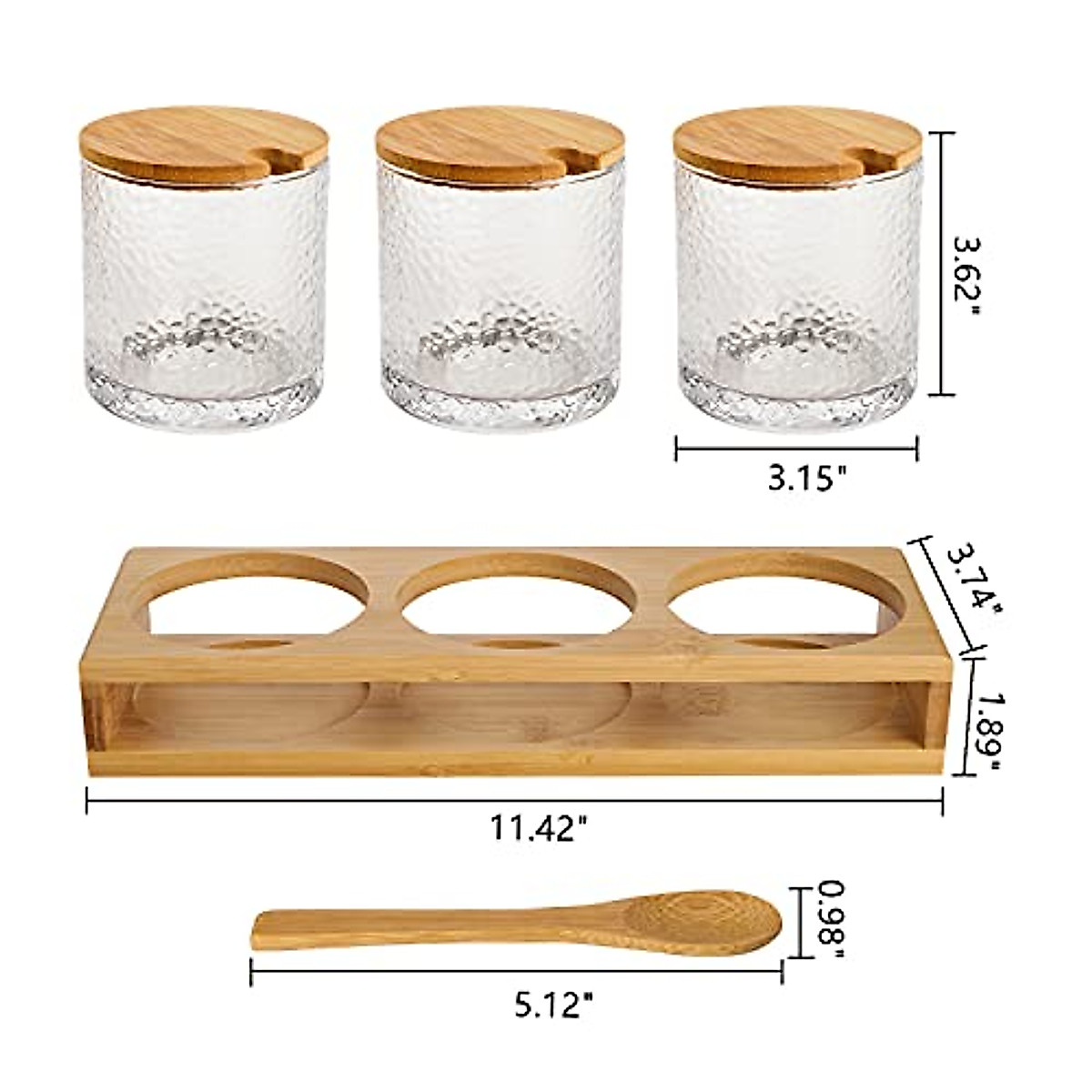 ZEAYEA Set of 3 Seasoning Box, Salt Sugar Storage Container with Bamboo Lid Spoon and Tray, Spice Pots for Kitchen Cooking Supplies, Glass Condiments Container Jars for Home Coffee Bar Restaurant