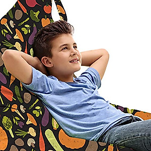 Lunarable Vegetable Lounger Chair Bag, Repeating Pattern with Various Healthy Fresh Foods on Dark Backdrop, High Capacity Storage with Handle Container, Lounger Size, Charcoal Grey Multicolor