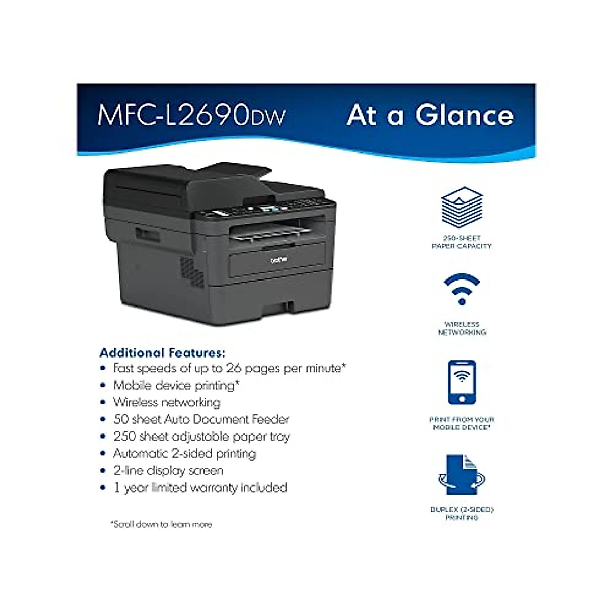 Brother MFC-L2690DW Monochrome Laser All-in-One Printer, Duplex Printing, Wireless Connectivity + Printer Cable