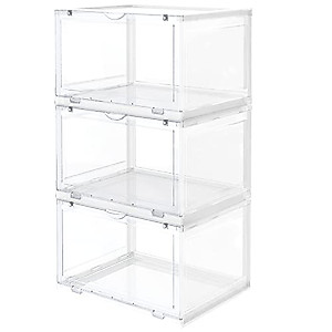C&AHOME Clear Shoe Box, Clear Shoe Box Storage, Set of 3, Large Size Plastic Shoe Box with Magnetic Door, Shoe Organizer, Box Stackable for Display Sneakers, Fit Up to US Size 14'' Clear UCSBP03C