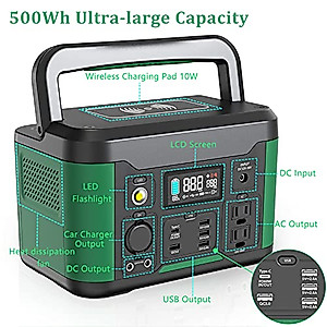 𝟓𝟎𝟎𝐖 𝐏𝐨𝐫𝐭𝐚𝐛𝐥𝐞 𝐏𝐨𝐰𝐞𝐫 𝐒𝐭𝐚𝐭𝐢𝐨𝐧, 515Wh Outdoor Solar Generator Backup Lithium Battery Power Bank with 120V/500W AC Outlet with Flashlight for Outdoors Camping Travel