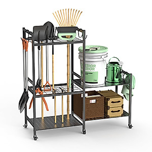 POLARPRA Garden Tool Organizer, Garden Tool Storage Rack with 6 Hooks and 2-tier Metal Shelves, Yard Tool Organizer Cart for Garage with Wheels Stand up to 35 Long-Handled Tools for Shed, Outdoor