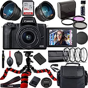 Canon EOS M50 Mark II Mirrorless Camera with 15-45mm Lens (Black) Bundle + Accessories (64Gb Memory Card, Wide Angle and Telephoto Lens, Spider Tripod, Gadget Bag and More)
