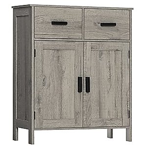 Quimoo Storage Cabinet, Bathroom Floor Cabinet with 2 Drawers & Adjustable Shelves, Bathroom Storage Cabinet with 2 Doors for Living Room, Bedroom, Home Office, Grey