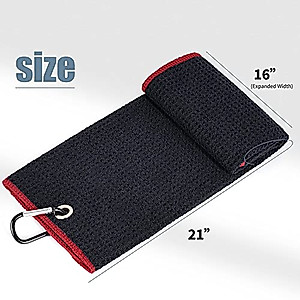 Mile High Life Microfiber Waffle Pattern Tri-fold Golf Towel | Brush Tool Kit with Club Groove Cleaner, Retractable Extension Cord and Clip (Black w/red Towel+Black Brush)