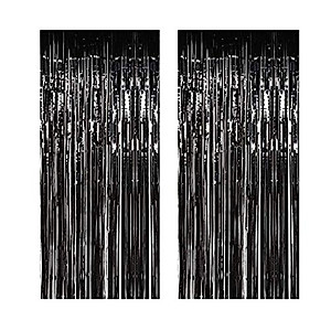 Muhome Black Foil Fringe Curtain, 2PCS 3.28FT x 8.2FT Tinsel Door Curtains & 1 Masking Tape Black Fringe Backdrop for Wedding Birthday Baby Shower Bachelorette Party Decorations