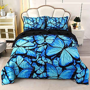 Wowelife Butterfly Bedding Set for Girls Full Size, Premium 5 Piece 3D Butterfly Bed Set Blue, Comfortable and Breathable for Kids