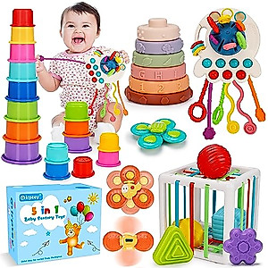 5 in 1 Baby Montessori Toys, Sensory Bin Pull String Teething Toy 0-6 to 12 Month Suction Cup Spinner Infant Travel Bath Toy 6 7 8 18 M+ Soft Stacking Cups Rings Learning Activity Toddler 0-2 Gift Set