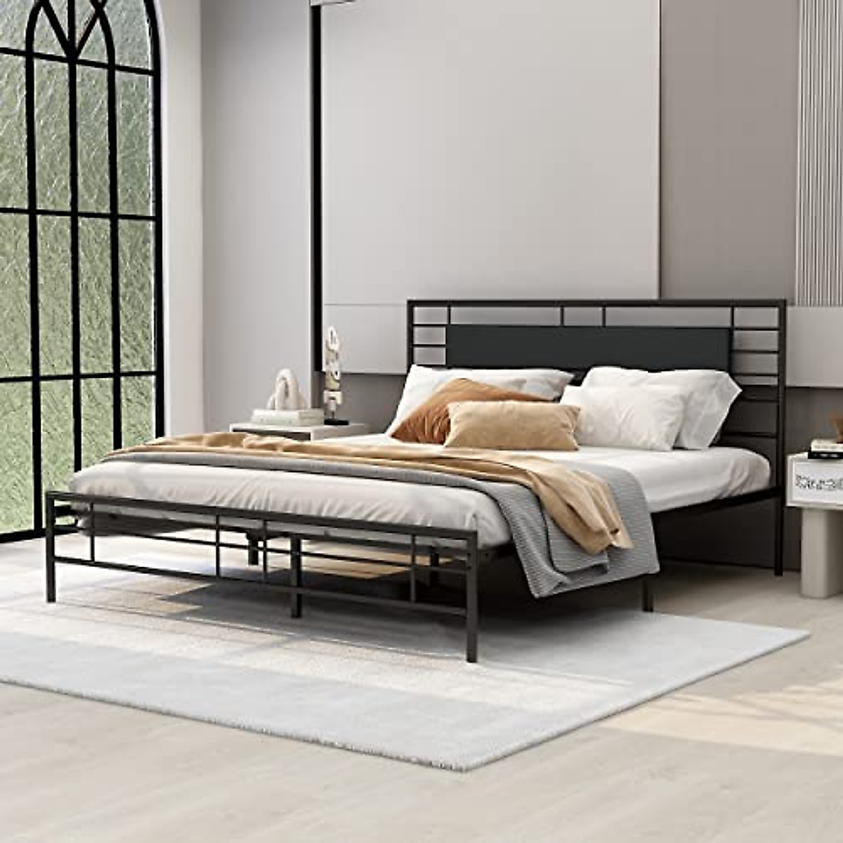 NNV Metal California King Size Platform Bed Frame with Headboard and Footboard Under Storage Steel Slat Size Mattress Foundation Black