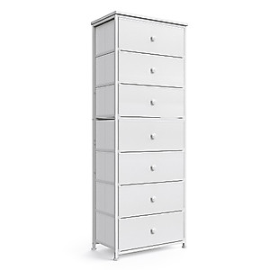 Tall Fabric Dresser for Bedroom, Vertical Storage Organizer Tower with 7 Drawers, Chest of Drawers with Bins, Steel Frame, Wood Top for Bedroom, Closet, Entryway White